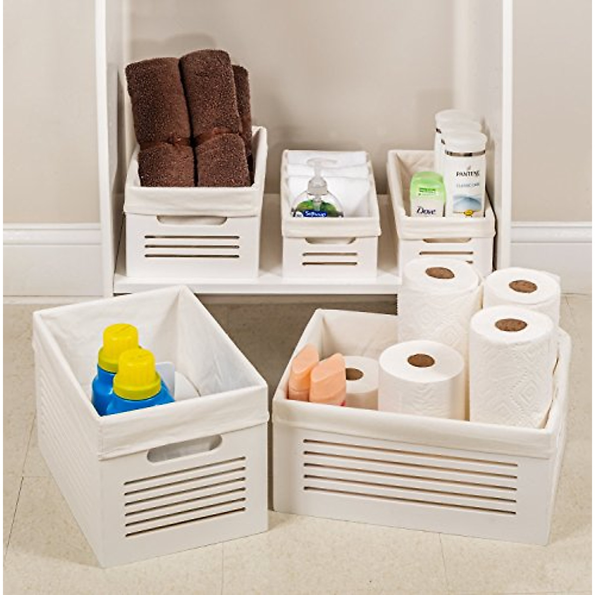 Creative Scents Wooden Crates for Storage - Set Of 3 Sizes Nesting Wood Crates with Removable Fabric Liner, Cutout Handles and Breathable Holes - The Best Sizes Chosen for Home Storage Bins (White)