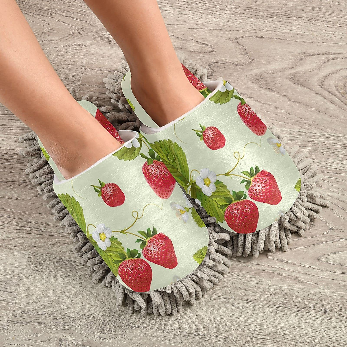 Strawberry Flower Leaves Mop Slippers Shoes Cover for Floor Cleaning Washable Hair Dirty Dust Cleaners Microfiber Mop Socks for Kitchen Office House