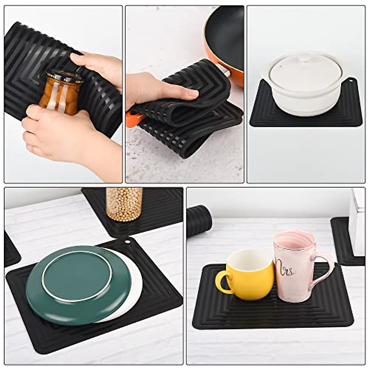 IFFMYJB Silicone Trivet Mats for Hot Pots & Pans Hot Dishes, Silicone Pot Holders, Hot Pads for Kitchen, Multipurpose Heat Resistant Mat for Silicone Hot Pads, Trivet Mat 2 Set Black