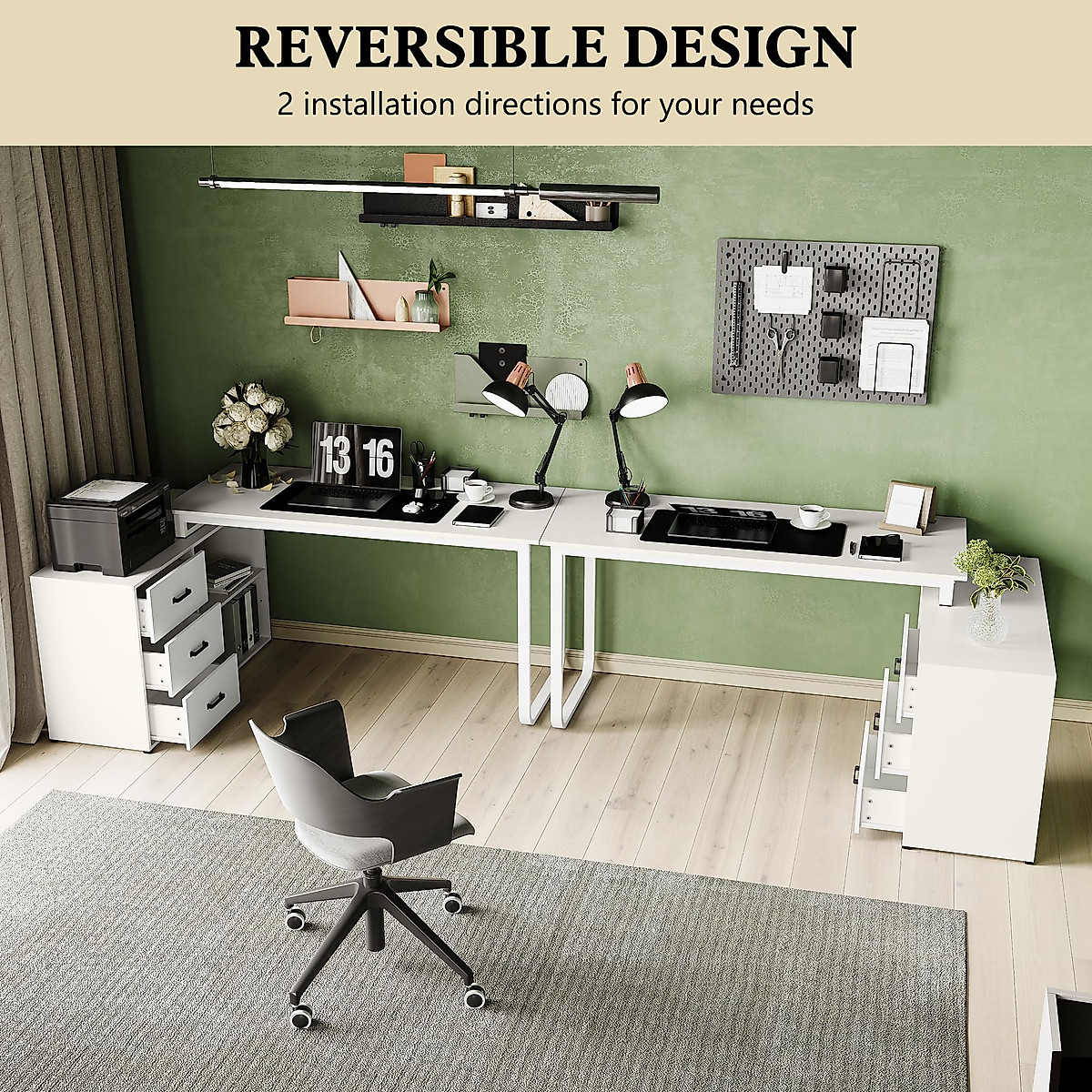 ARTPOWER 55" L Shaped Computer Desk with Storage Cabinet, Large Home Office Corner Desk with 3 Drawers and Shelf,Computer Table for PC Executive Writing Study Work,Reversible Gaming Desk, White