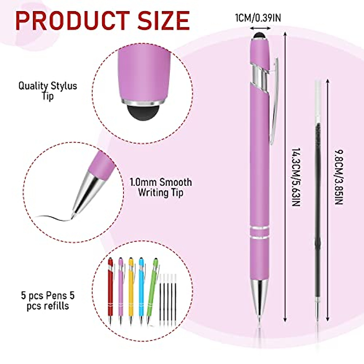 TIESOME5 Pieces Ballpoint Pen with Stylus Tip, Retractable 2 in 1 Stylus Pens Stylish Pen with 10 Refills, Metal Stylus Pen for Touch Screens, 1.0 mm Black Ink Ball Point Pens (Multicolor)