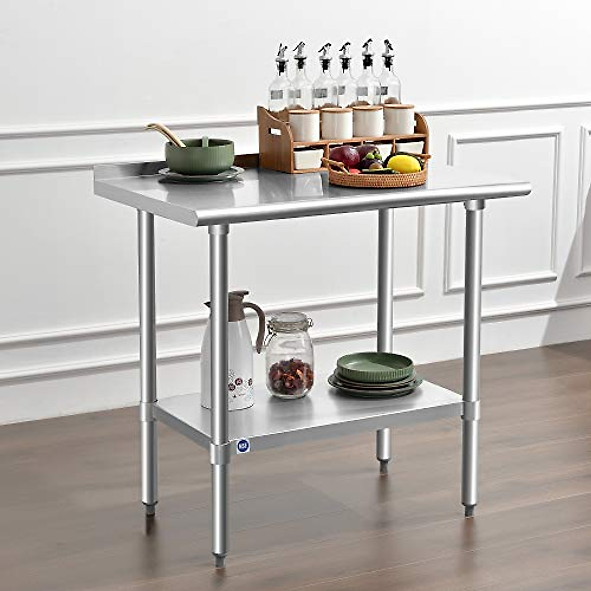 ROCKPOINT Stainless Steel Table for Prep & Work with Backsplash 24x36 Inches, NSF Metal Commercial Kitchen Heavy Duty Table with Adjustable Under Shelf and Table Foot for Restaurant, Home and Hotel