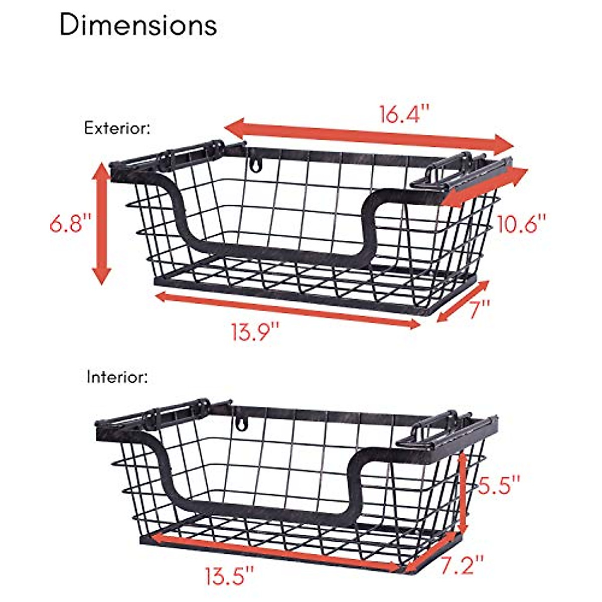 BirdRock Home Wire Basket for Storage - Set of 2 Baskets - Stackable - Hanging – Wall Shelf - Fruit Vegetable Organization – Pantry Cabinet - Metal Bin for Kitchen Counter – Bathroom Storage