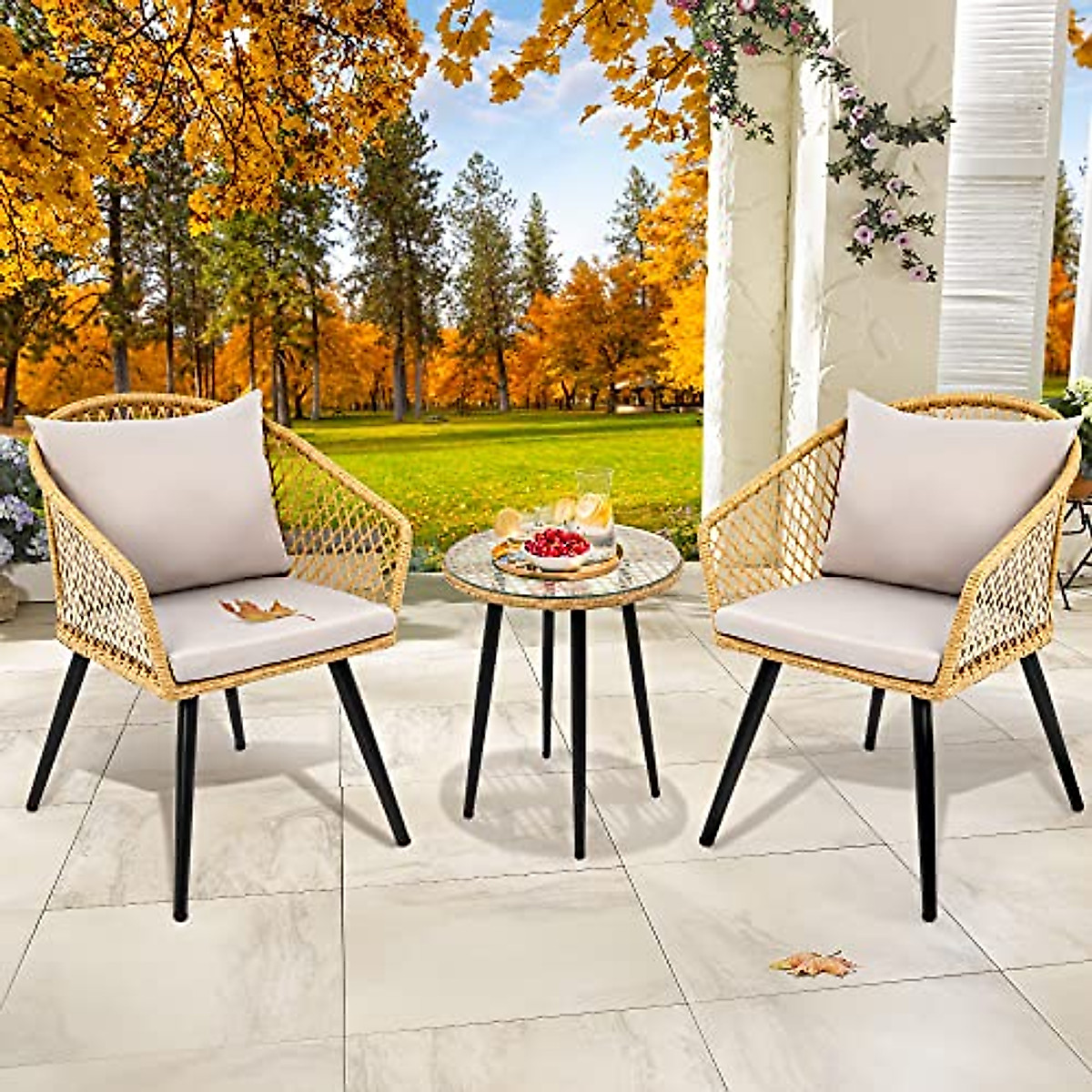 YITAHOME 3-Piece Outdoor Patio Furniture Wicker Bistro Set, All-Weather Rattan Conversation Chairs for Backyard, Balcony and Deck with Soft Gray Cushions, Glass Side Table Light-Yellow