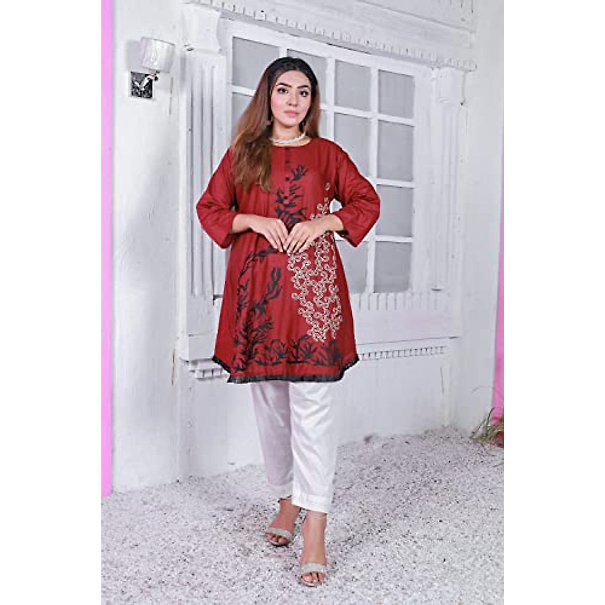 IshDeena Indian Kurtis for Women Indian Style Cotton Tunics Womens Tops Summer Embroidered (Small, Mehroon)