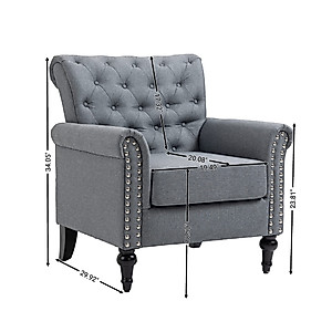 Deolme Grey Accent Chair for Living Room- Mid Century Modern Compact Club Chair Bedroom Arm Chair sillas de sala Upholstered Reading Lounge Sofa Chair Side Small Armchair Button Tufted Gray