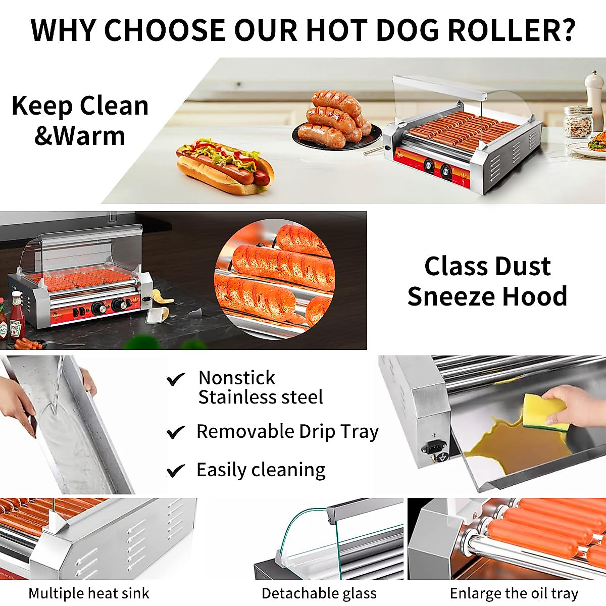 1670W Commercial Hot Dog Rollers,11 Rollers 30 Hotdog Roller Grill,Stainless Steel Hot Dog Machine With Dust Cover,Hot Dog Roller Machine With Dual Temp Control And Led Light/Detachable Drip Tray