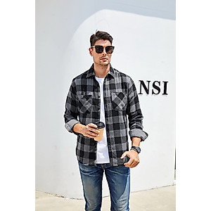 Alex Vando Mens Button Down Shirts Regular Fit Long Sleeve Casual Plaid Flannel Shirt.Grey/Black,L