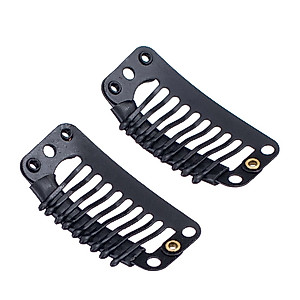 SWACC 100 Pcs U Shape Metailic Snap Clips ins for Hair Extension Hairpiece DIY Snap-Comb Wig Clips with Rubber (Black, 9-Teeth 6 Holes)