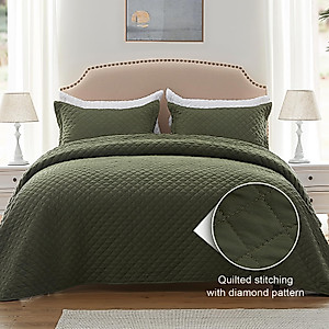 SunStyle Home Quilt Set King Olive Green Lightweight Bedspread Soft Reversible Coverlet for All Season 3pcs Army Green Diamond Quilted Bedding Sets (1 Quilt 2 Pillow Shams)(106"x96")
