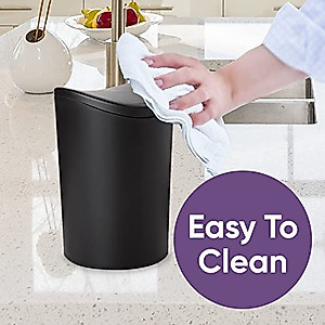 Superio Small Plastic Bathroom Trash Can with Lid 6 Liter, Black Mini Waste Bin 0.75 Gallon, Modern Flat Lid Step On Trash Can with Foot Pedal, Bathroom, Bedroom, Office, Under Desk, Soft Close