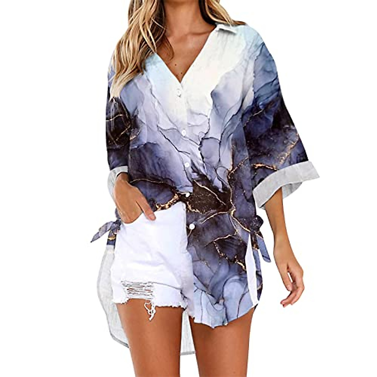White Tunic Plus Kimono Tops for Women Clothing line for Women Womans Flannel Women Long Sleeve Waffle Knit Pullover Tops v Neck Button Shirts Blouses 3/4 Sleeve Blouses