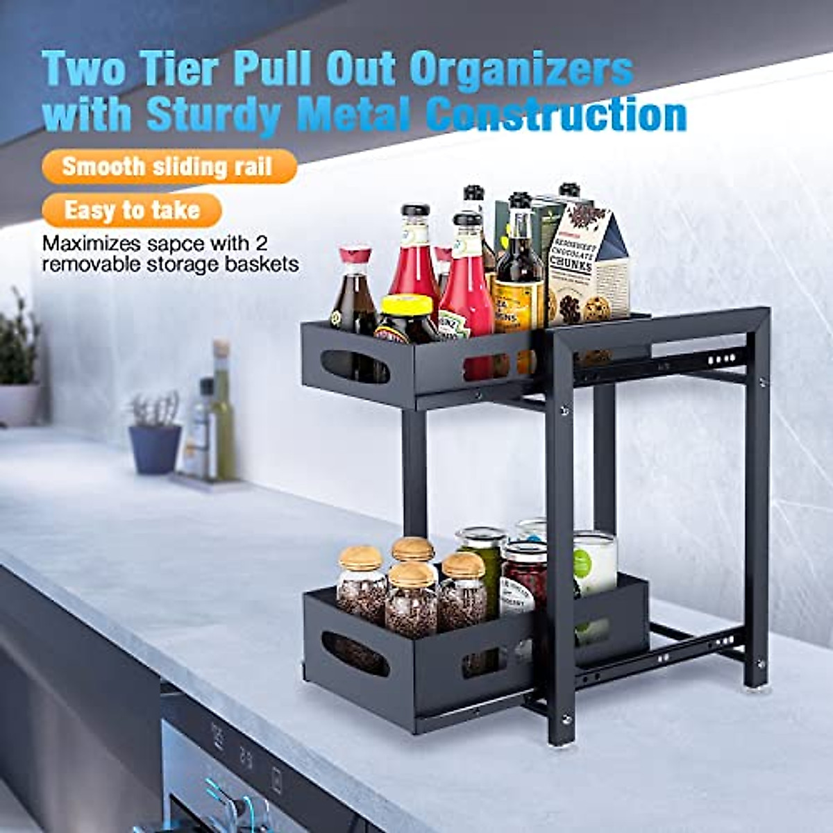 LEPO Under Sink Organizer and Storage, 2 Tier Pull Out Drawer Organizer for Kitchen Cabinets, Stainless Steel Under Sink Organizers with Sliding Basket, Double Under Sink Storage Shelf for Bathroom