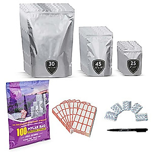 FOLSOM BLVD TODAY - 7 Mil 100 PCS Mylar Bags for Food Storage with Oxygen Absorbers 500CC, 30x Gallon 10x14, 45x Quart 6x9, 25x Half Pint 4x6 - 100 Labels and Marker - Ziplock Heat Resealable Stand-up Airtight Smell Proof - Bolsas Mylar