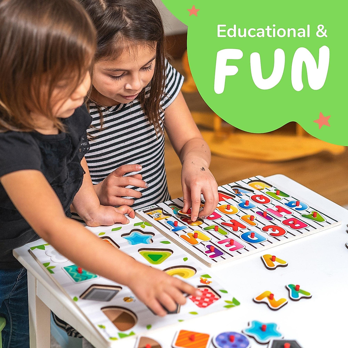 TOYVENTIVE Wooden Peg Puzzles for Toddlers – 6 Pack with Wire Puzzle Holder Rack for Kids, Learning Preschool Wood Knob Puzzle Toys for Boys and Girls - Alphabet Number Animal Vehicle Shape Fruit