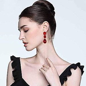 EVER FAITH Women's Crystal Gorgeous Party Square Oval Teardrop Dangle Earrings Red Gold-Tone