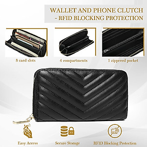 Daisy Rose Women’s Zip-Around Wallet & Phone Clutch with RFID Blocking, PU Vegan Leather (Black)