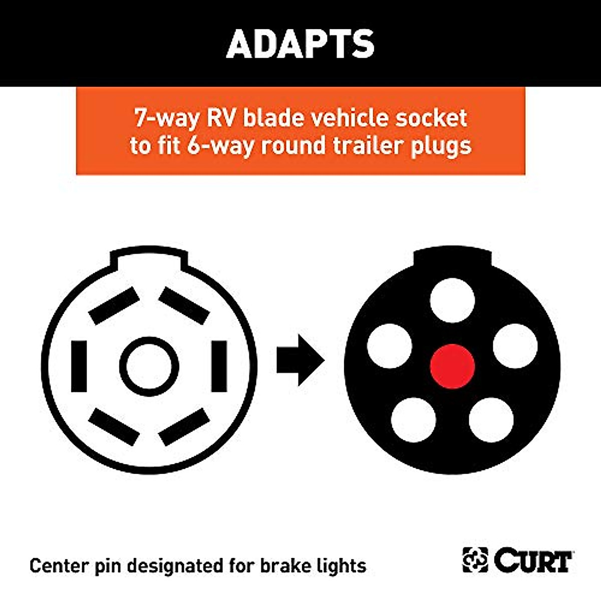 CURT 57720 7-Way RV Blade Vehicle-Side to 6-Way Round Trailer Wiring Adapter with Backup Alarm, Center Pin Brake Lights