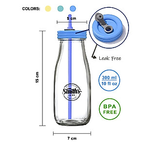 Smiths Mason Jars Set of 9 Mini Glass Milk Bottles 300ml Splash Proof Lids and Reusable Drinking Straws for Kids | General Use Kids Home
