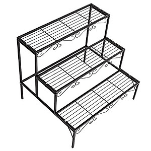 DOEWORKS 3 Tier Stair Style Metal Plant Stand, Garden Shelf for Large Flower Pot Display Rack Indoor Outdoor, Black