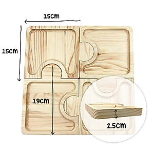 Wooden Tray For Food And Decor, Creative, Display And Fun, Splicing Puzzle Plate, Fruit, Dessert Plate, Nut, Snack Plate Set of 4