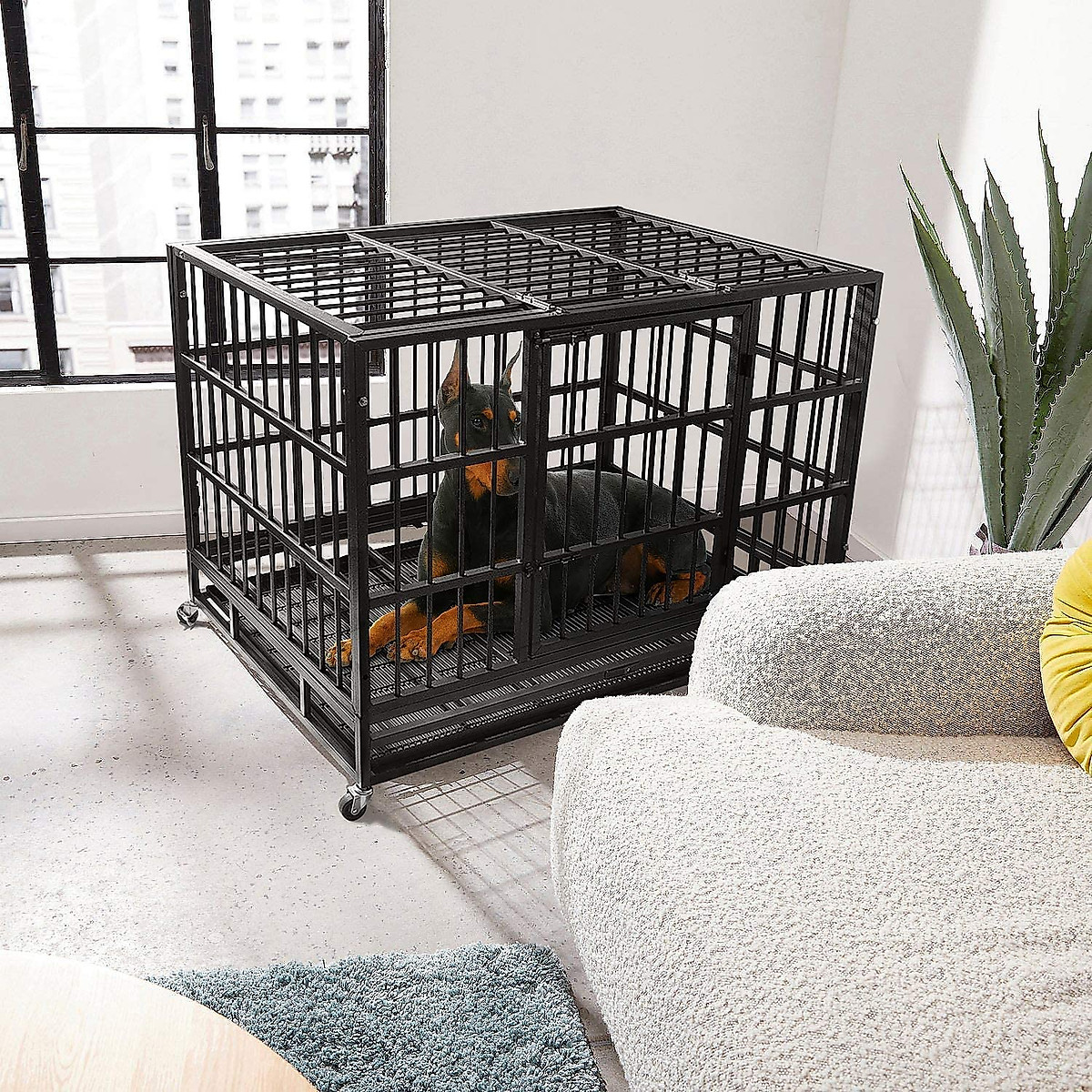 WOKEEN 48/38 Inch Heavy Duty Dog Crate Cage Kennel with Wheels, High Anxiety Indestructible Dog Crate, Sturdy Locks Design, Double Door and Removable Tray Design, Extra Large XL XXL Dog Crate.