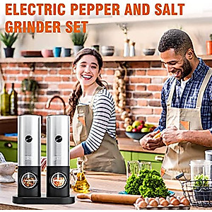 Electric Pepper and Salt Grinder Set, Adjustable Coarseness, Battery Powered with LED Light and Storage Base, One Hand Automatic Operation, Stainless Steel, 2 Pack