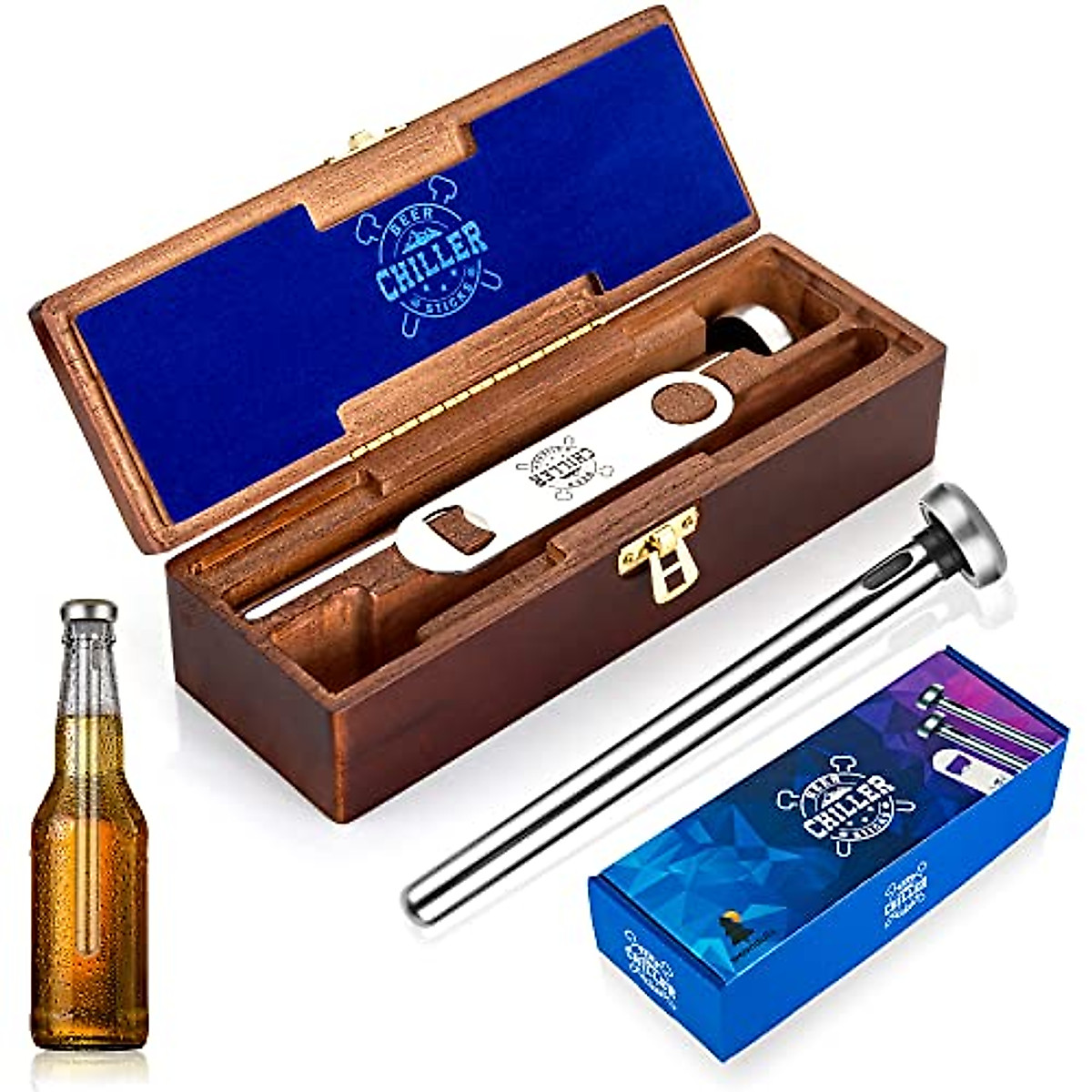 Beer Chiller Sticks for Bottles - Beer Gifts for Men - Beer Lover Gift featuring 2 Beer Chilling Sticks and 1 Bottle Opener in an Eco Friendly Wooden Gift Box - Beer Stick by woondulla