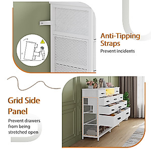 Harpaq White Dresser for Bedroom with 10 Drawers, Dresser with Charging Station, TV Stand Dresser with LED Light for 55" TV, Fabric Drawer Dresser with PU Finish, Dresser with Shelves for Closet