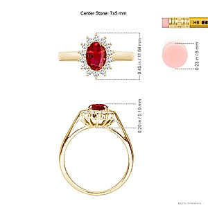 Angara Princess Diana Inspired Natural Ruby Ring for Women with Diamond Halo in 14K Yellow Gold for Wedding, Anniversary, Engagement (Stone Size-5x3mm, Stone wt-0.25, Ring Size-9) - July Birthstone