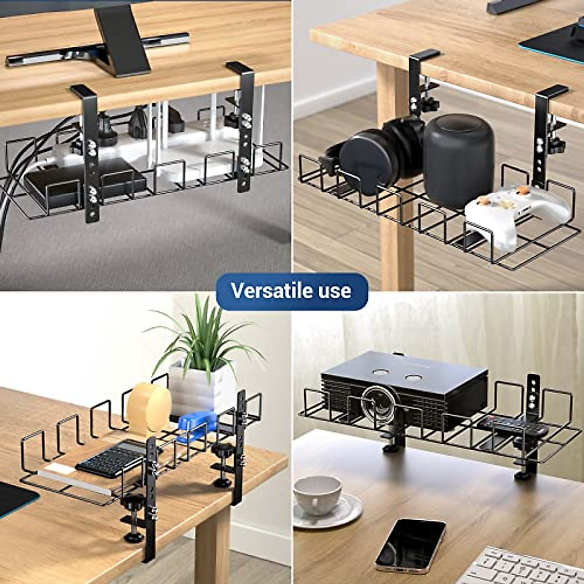 Under Desk Cable Management Tray - No Drill Clamp Mount Steel Cords Organizers - 15.7“ High Capacity Adjustable Removable Docking Station Wires Holder Rack - Home Office Kitchen Table Raceway -1pc
