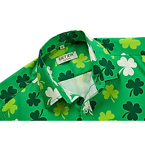 Men's St. Patrick's Day Shirt Funny Irish Flag Clover Short Sleeve Hawaiian Casual Button Down Shirt（Clover,L