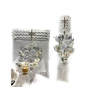 Baptism Candle Set with Flowers and Crystal Decoration