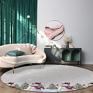 Grey Christmas Area Rug Carpet for Kids Teen Girls Boys Bedroom, Living Room, Washable Outdoor Indoor Accent Throw Runner Floor Mat Area+Rug Winter Snowman Gold Snowflake Tree 3FT(Round)