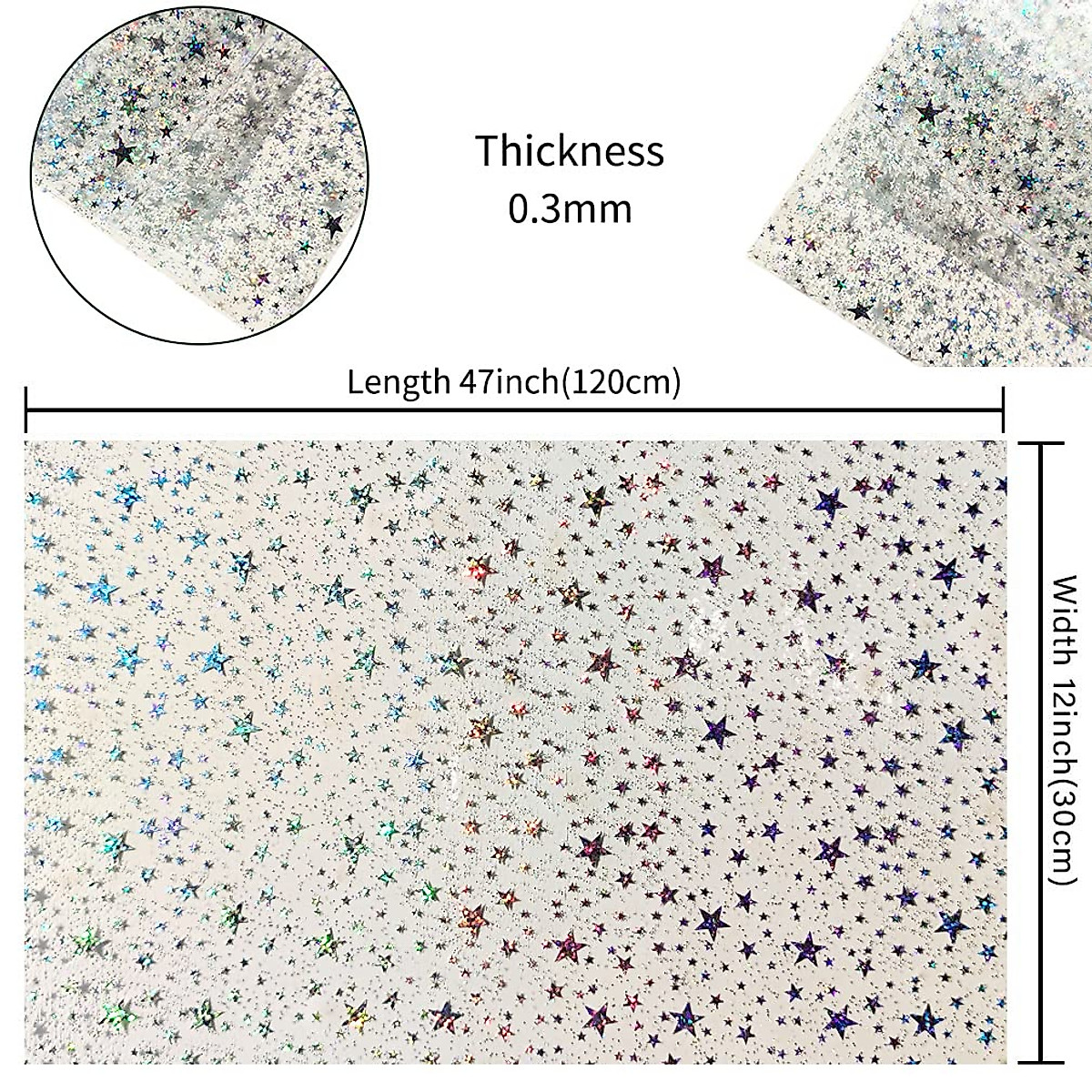 HYANG Glitter Star Solid Transparent PVC Super Clear Holographic Vinyl Faux Leather Sheets 1 Roll 12" x 47" (30cm x 120cm) for DIY Bows Earrings Bags DIY Crafts Making