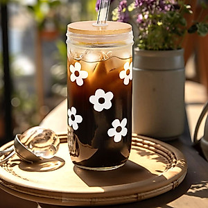 ANOTION Cute Glass Cups with Lids and Straws, Mason Jars with Flower Design, Bamboo Lid, Iced Coffee Cups Tumbler Drinking Glasses Travel Coffee Mug Perfect for Coffee, Smoothies, Boba Tea, and Wine