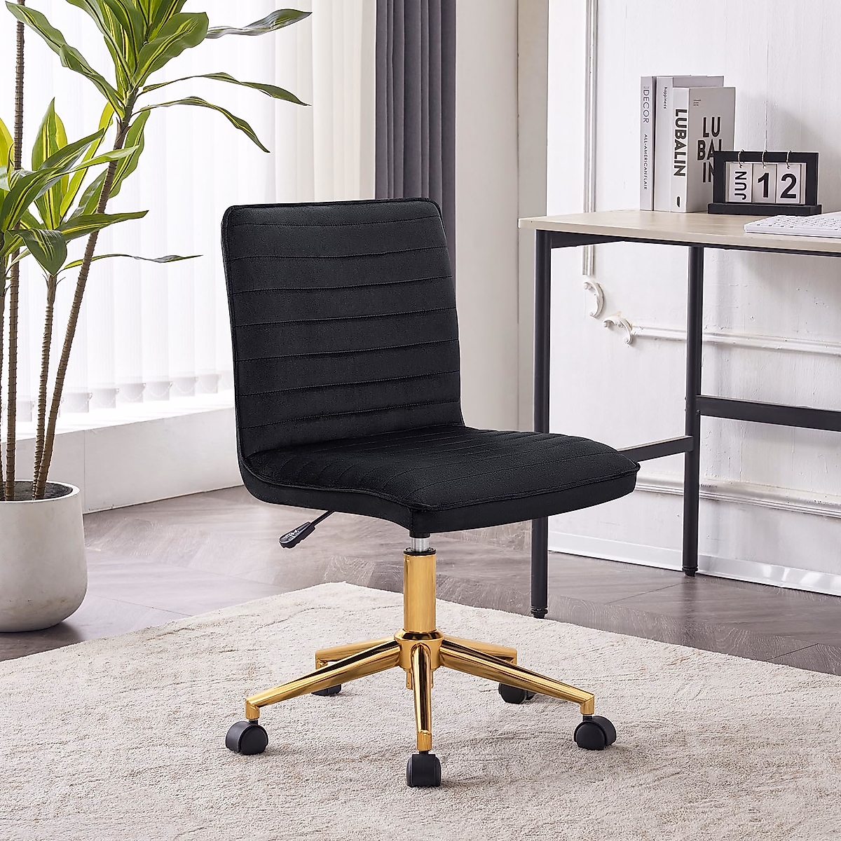 Furnimart Black Swivel Armless Desk Chair with Wheels, Small Velvet Upholstered Home Office Chair Mid-Back Adjustable Chair for Bedroom Dorm Living Room (Velvet-Black)