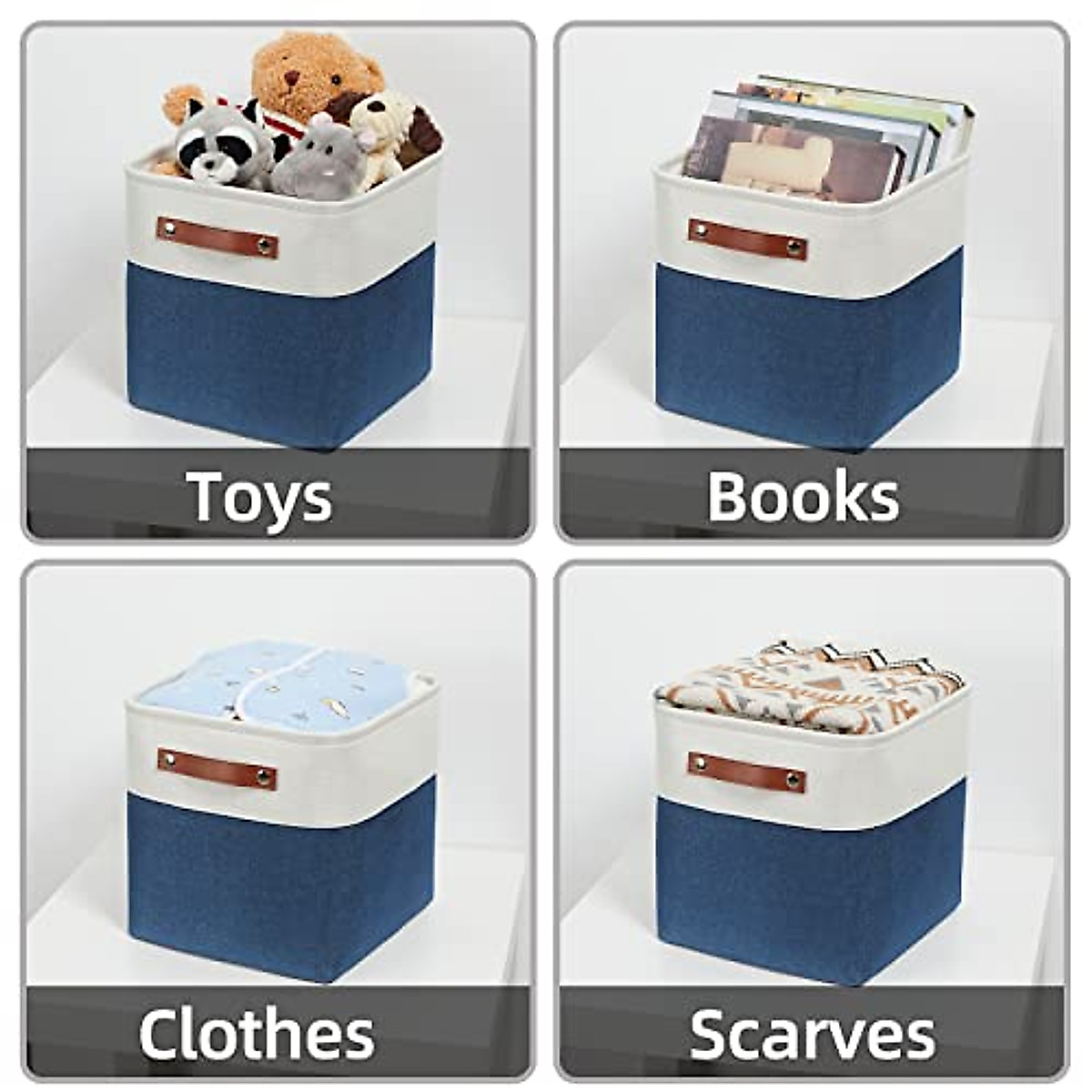 HNZIGE Fabric Cube Storage Bins Basket for Shelves Set of 4, Fabric Storage Cubes Baskets Closet Storage Bins for Cube with Handles, Cubby Storage Bins for Organizing Home Office (White Blue)