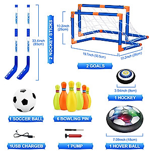 Hover Soccer Ball Set for Kids, 4-in-1 Hover Hockey Bowling Set, Rechargeable Floating Air Soccer Ball w/Led Lights for Indoor Outdoor Sports Game Toys Gifts for Kids Boys Girls Ages 3 4 5 6 7 8-12