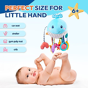 Jollybaby Plush Stuffed Activity Pull String Hanging Toys for Stroller Car Seat Crib or Gym, Montessori Sensory Carseat Toy for Baby 0-3-6-12-18 Months, Whale Toy for Infant Baby Boy Girl Gifts