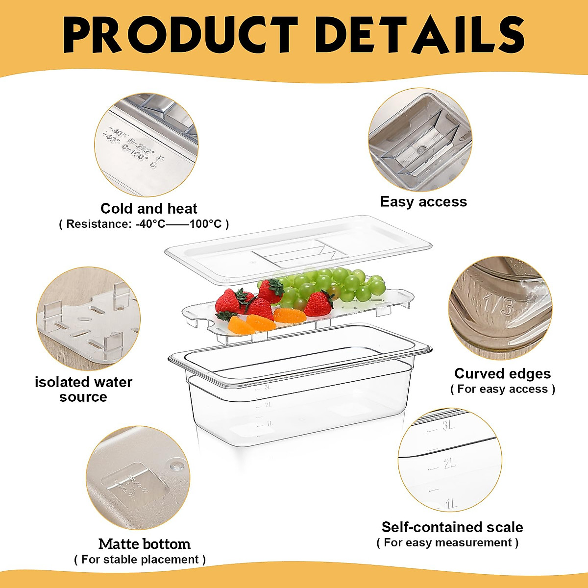 Sunnyray 6 Set 1/3 Size Polycarbonate Food Pans with Lids and Drain Shelf Clear Square Food Storage Containers for Kitchen Restaurant Fruit Vegetable Food Container and Storage (4 Inch Deep)