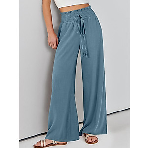 ANRABESS Women's Linen Pants Summer Casual Palazzo Beach Pant Drawstring High Waist Wide Leg Trousers Vacation Outfits Small Lake Blue