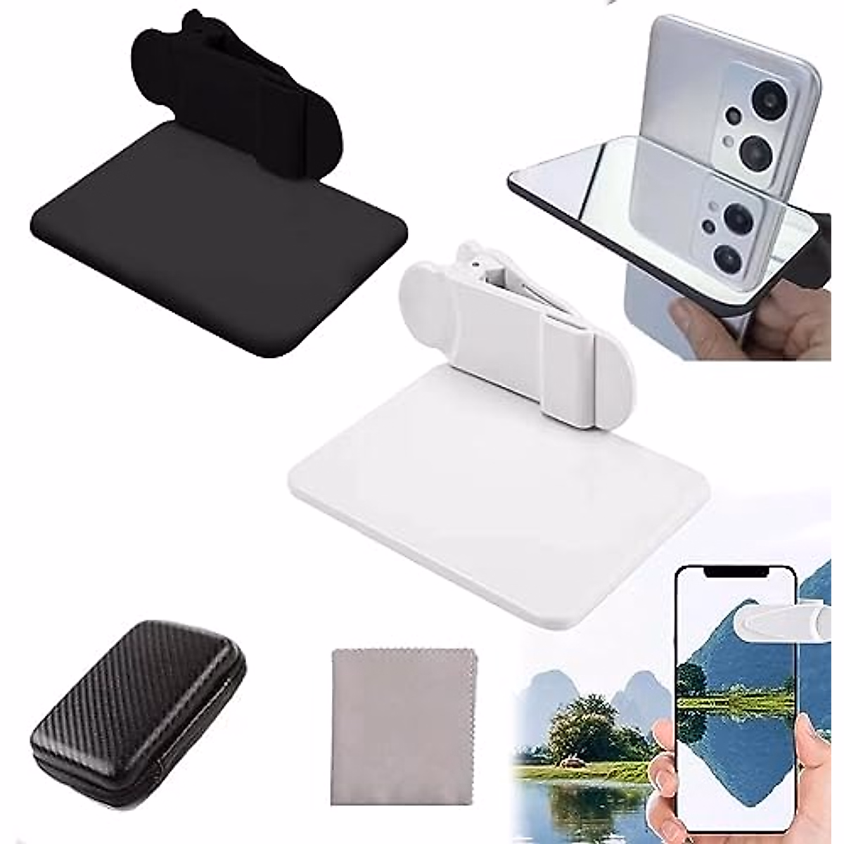 Smartphone Camera Mirror Reflection Clip Kit, Mobile Phone Reflection Camera Clip Selfie Reflector, Mobile Phone Shooting Supplies, Mirror Reflection for Phone Camera (2pcs-Black+White)