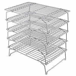 Leonyo Cooling Baking Rack 5-Tier Stackable Stainless Steel Wire Baking Cooking Racks Set for Cookie, Pizza, Cup Cake, Raised & Folding Feet, Oven Safe & Dishwasher Safe, Rust-Resistant - 15’’ x 10’’