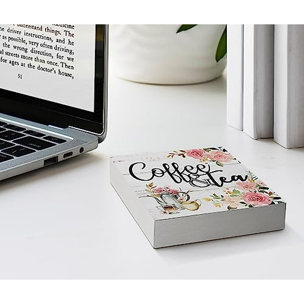 Coffee and Tea Pink Floral Wood Box Sign Desk Decor,Rustic Wooden Block Sign Decorations for Home Kitchen Office Coffee and Tea Bar Wall Tabletop Shelf Decor