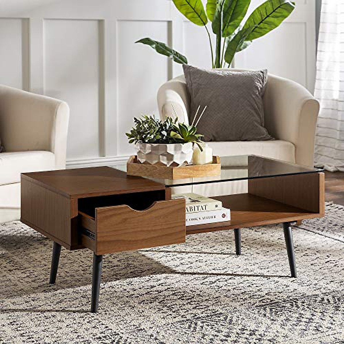 Walker Edison Montclair Mid Century Modern Glass Top 1 Drawer Coffee Table, 42 Inch, Glass and Acorn