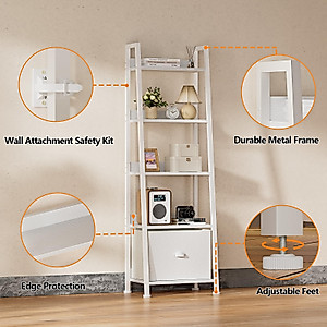 Furologee 5-Tier White Ladder Shelf, Ladder Bookshelf with Removable Drawer, Mordern Bookcase Storage Rack Organizer, Wood Metal Freestanding Storage Shelves for Living Room, Home Office, Bedroom