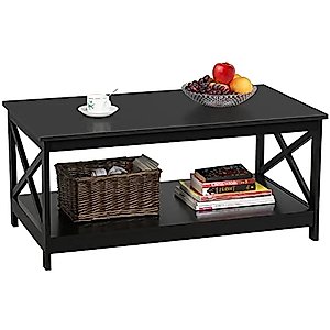 Yaheetech Wood 2-Tier Black Coffee Table with Storage Shelf for Living Room, X Design Accent Cocktail Table, Easy Assembly Home Furniture, 39.5 x 21.5 x 18 Inches