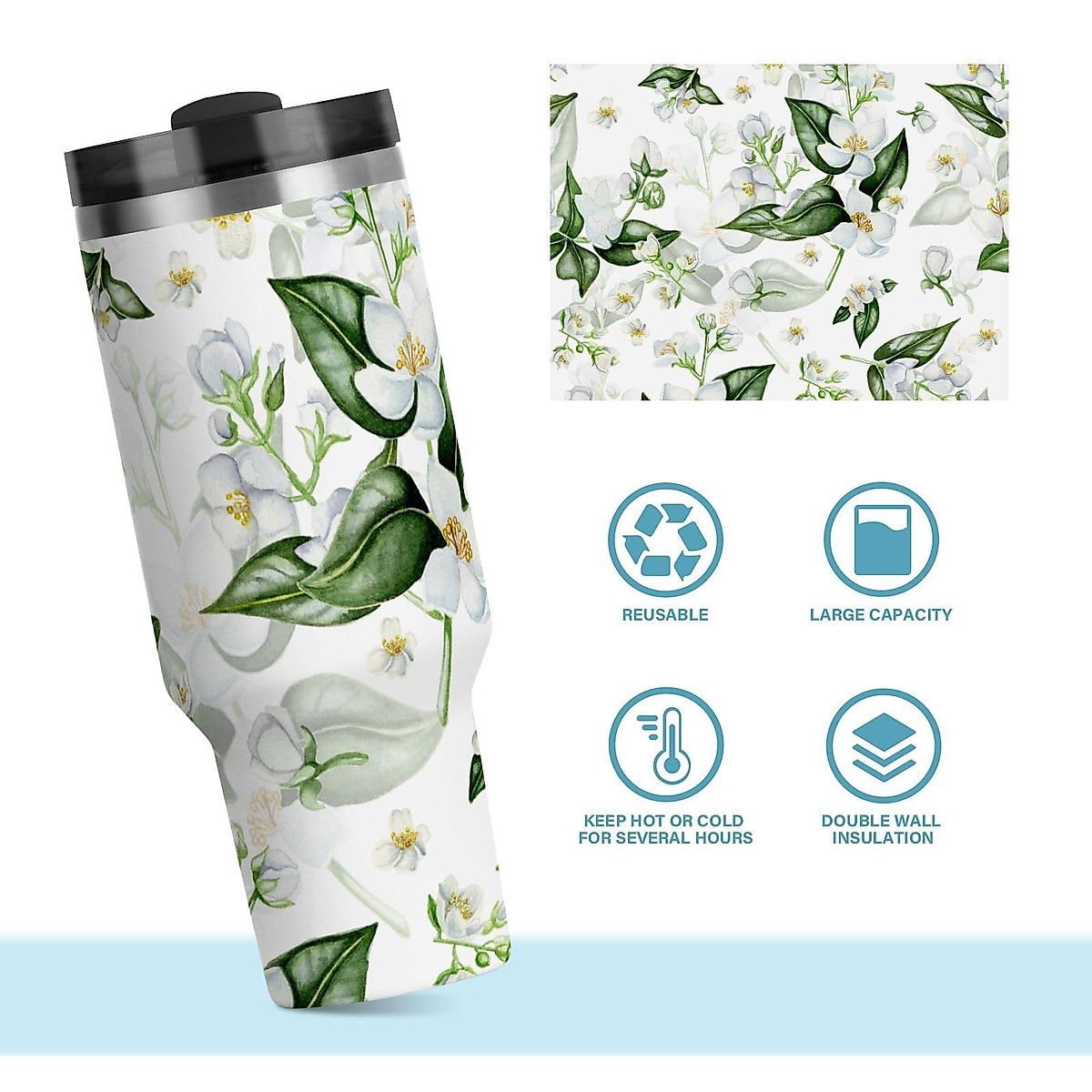 Yasala Car Tumbler with Handle White Flower Green Leaves Travel Mug Coffee Cup Insulated Beverage Container Mega Cup for Hot Cold Drinking Thermos Water Bottle Cupholder Friendly 40 oz