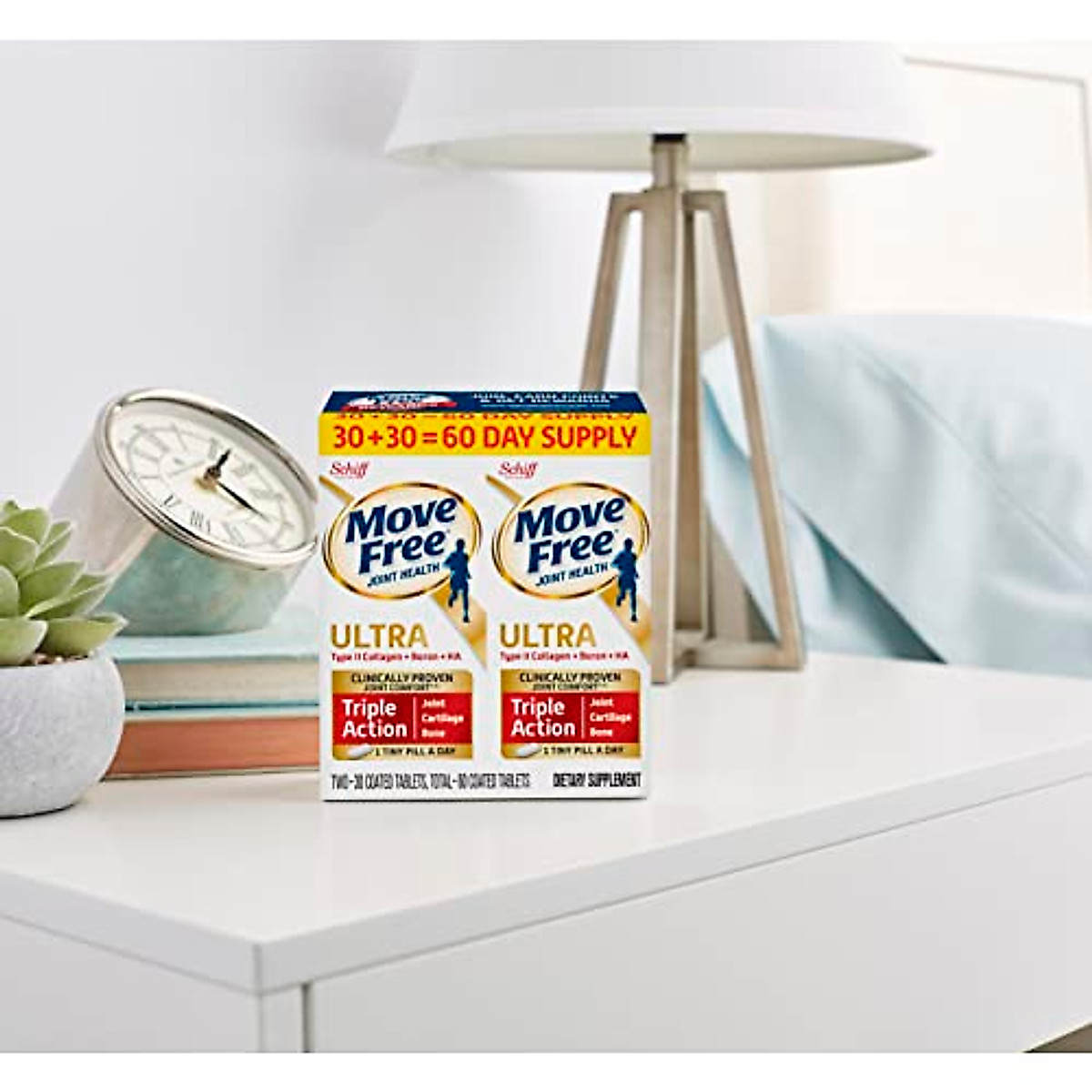 Move Free Ultra Triple Action Joint Support Supplement - Type II Collagen Boron & Hyaluronic Acid - Supports Joint Comfort, Cartiliage & Bones in 1 Tiny Pill Per Day, 2x30ct Bottles (60 servings)*